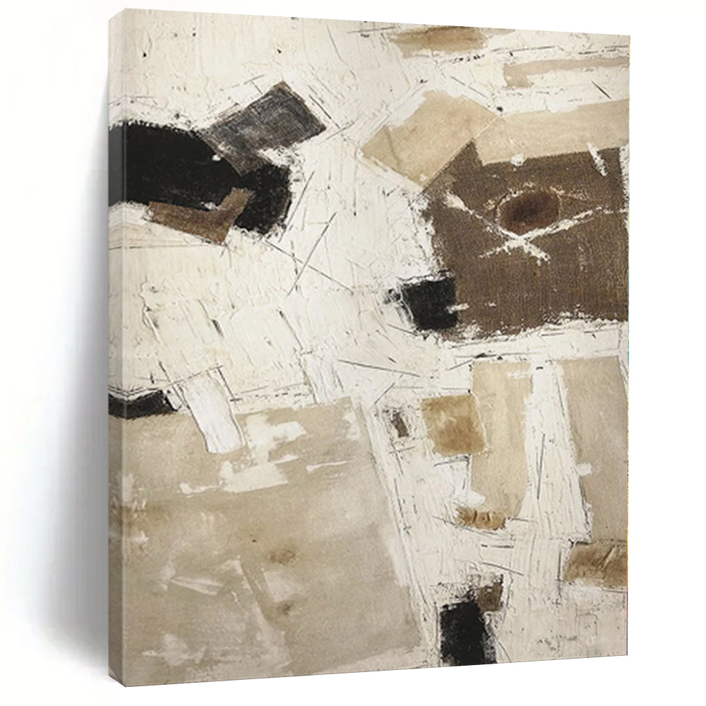 Hand - painted Extensive Beige - Black Abstract Composition Acrylic Ar ...