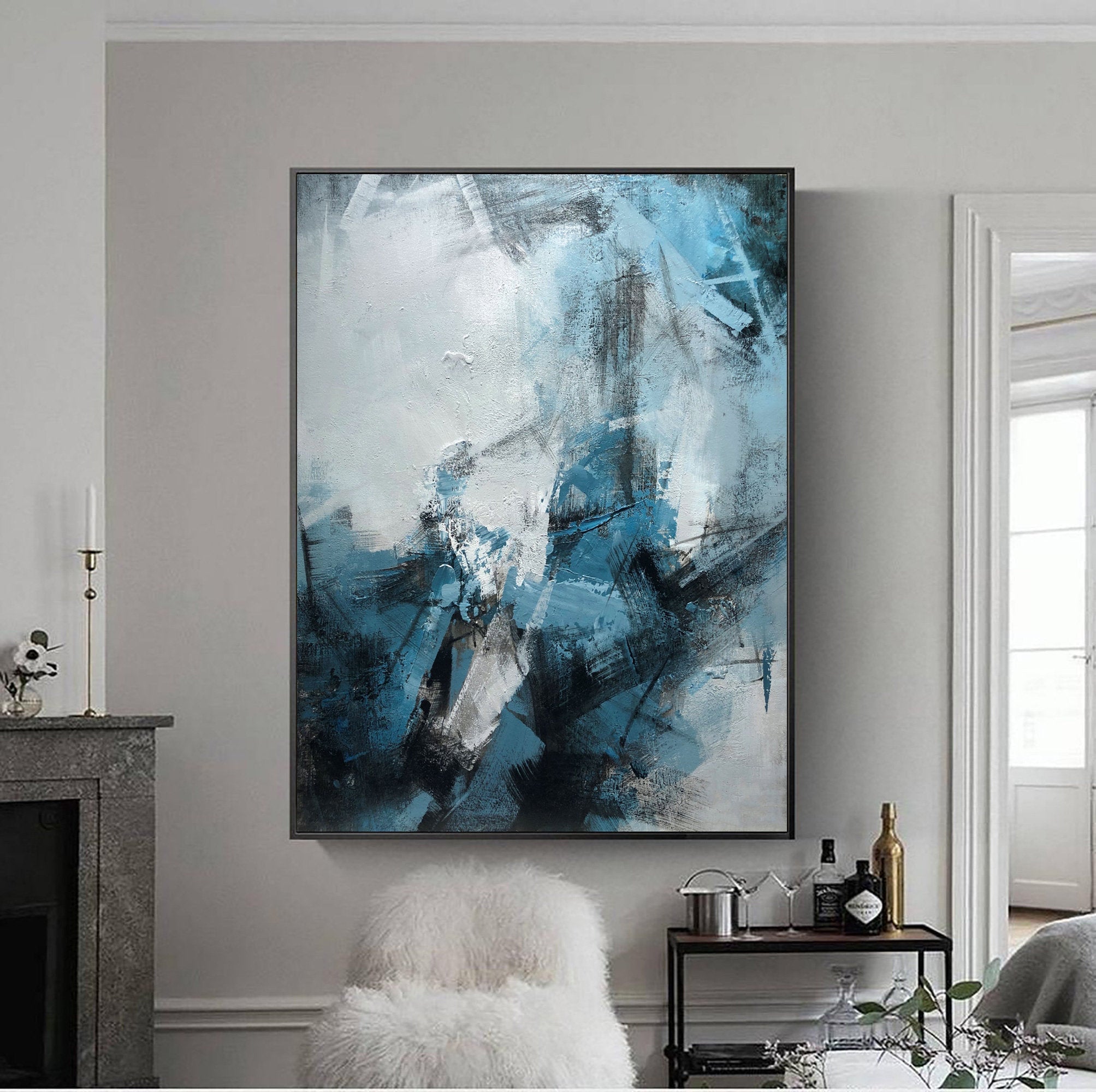 Navy Blue And White Abstract Painting Oversize Canvas Art Op080 – Extra ...
